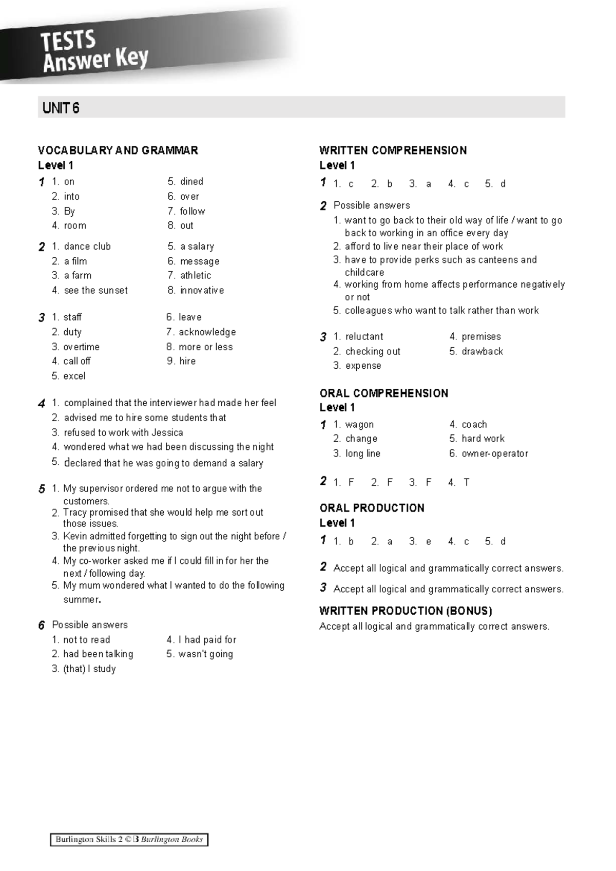UNIT 6 LEVEL 1 VOCABULARY & GRAMMAR TEST ANSWER KEY - Studocu