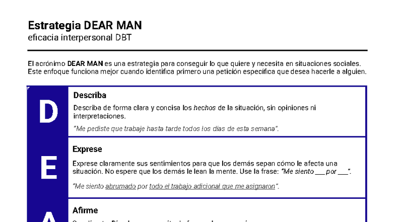 Estrategia DEAR MAN en DBT: Eficacia Interpersonal y Comunicación - Studocu
