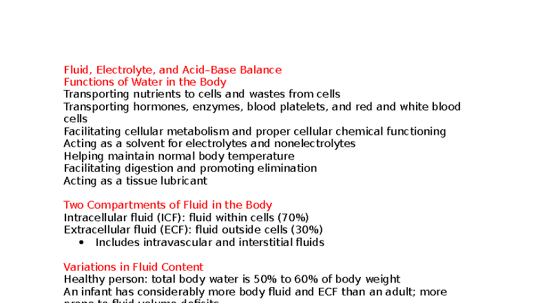 Fluid, Electrolyte, and Water Balance Functions in the Body - Studocu