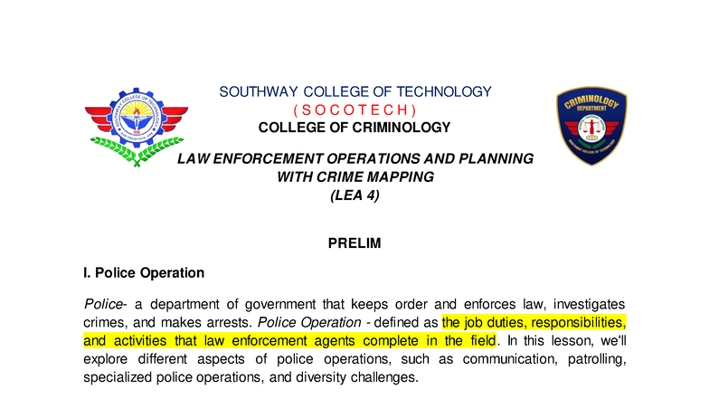 LEA 4: Police Operations and Law Enforcement Strategies - Preliminary I ...