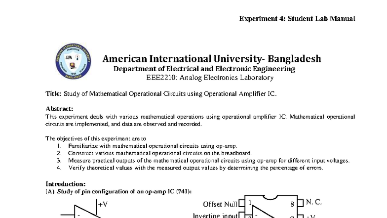AE LAB EXP04: Student Manual for Operational Amplifier Experiments ...