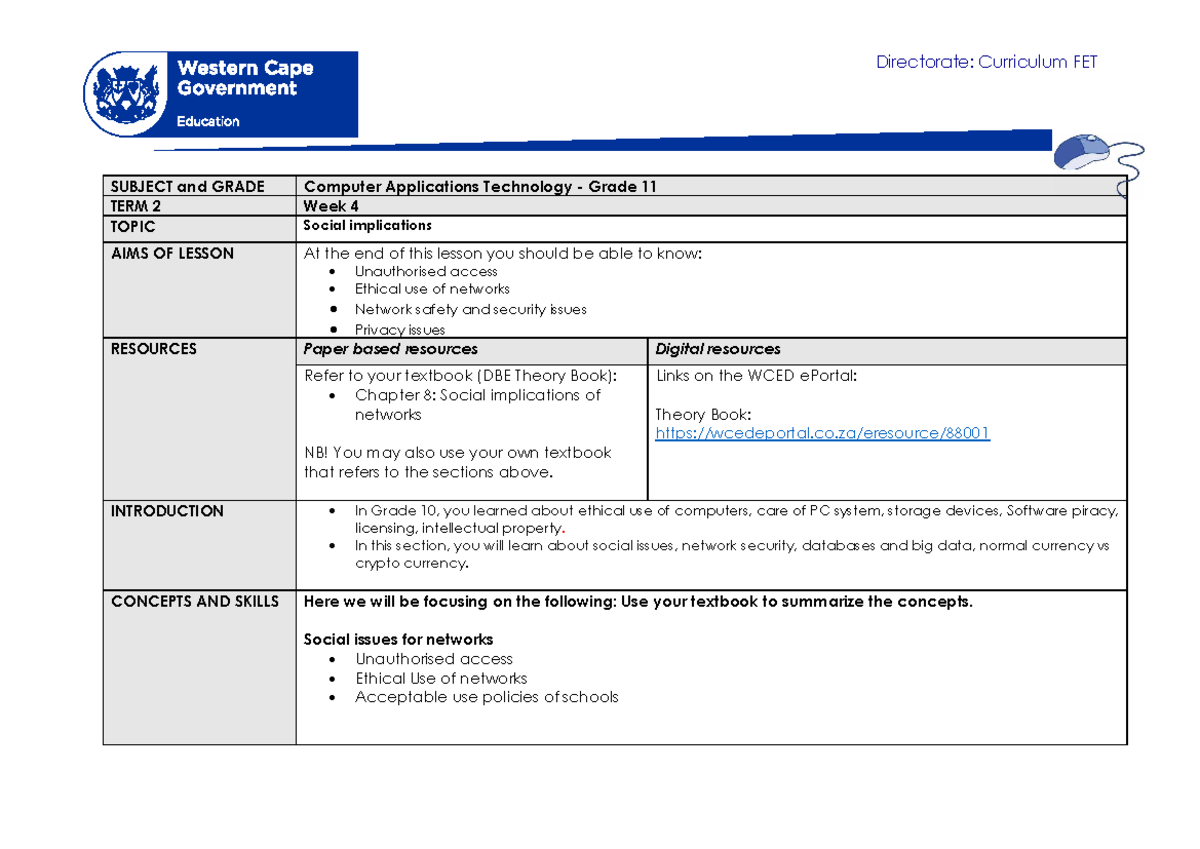 CAT Grade 11 Term 2 Week 4 Lesson on Social Implications of Networks ...