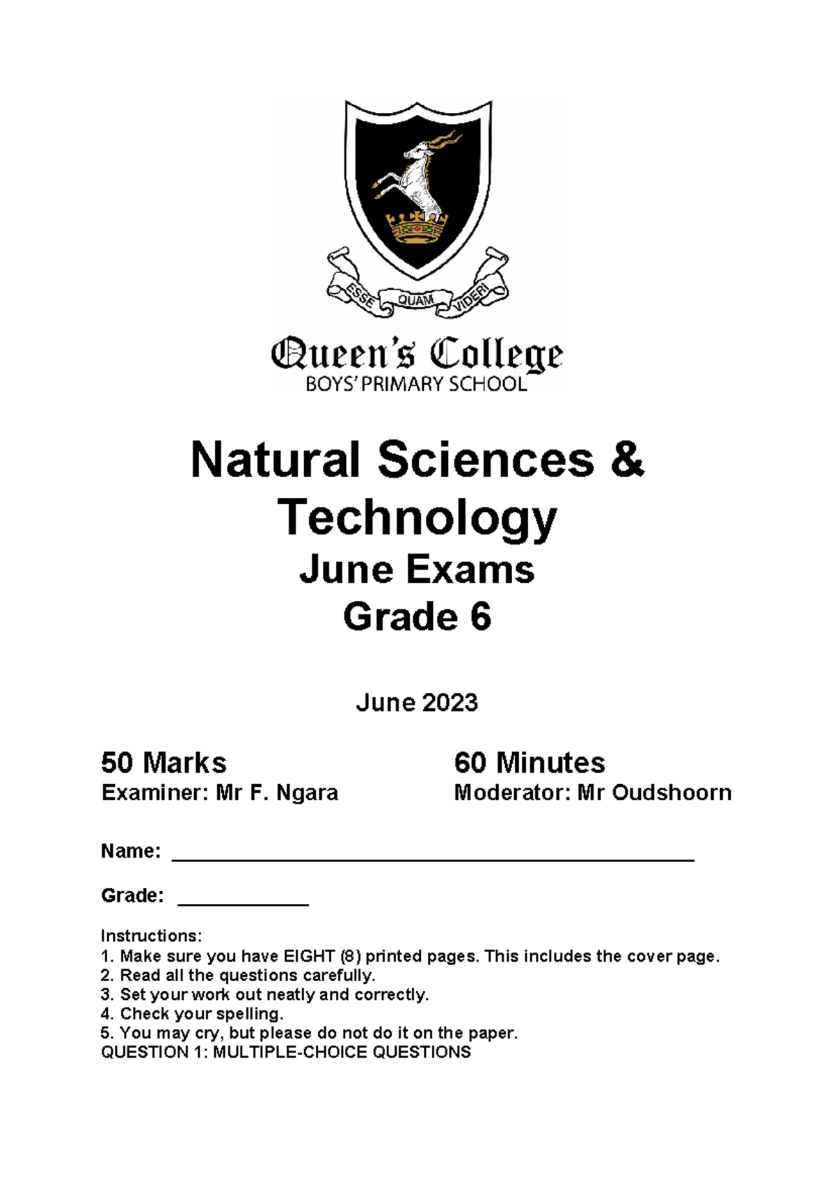 Natural Sciences & Tech Grade 6 Mid-Year Exam 2023 (50 Marks) - Studocu