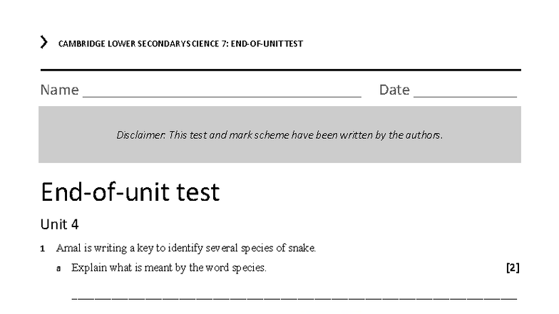 CAMBRIDGE LOWER SECONDARY SCIENCE 7: UNIT 4 TEST QUESTIONS - Studocu