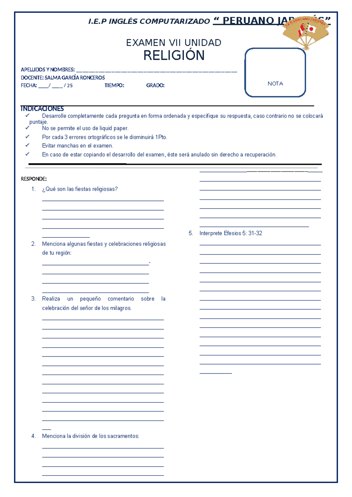 I.E.P INGLÉS COMPUTARIZADO PERUANO EXAMEN VII UNIDAD RELIGIÓN 7MA - Studocu