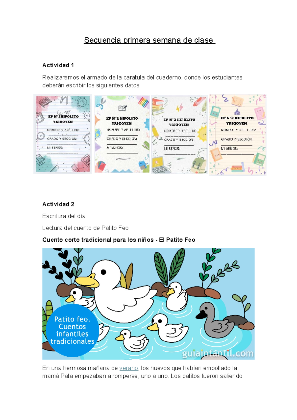 Secuencia de Actividades - Primera Semana de Clase (Patito Feo) - Studocu