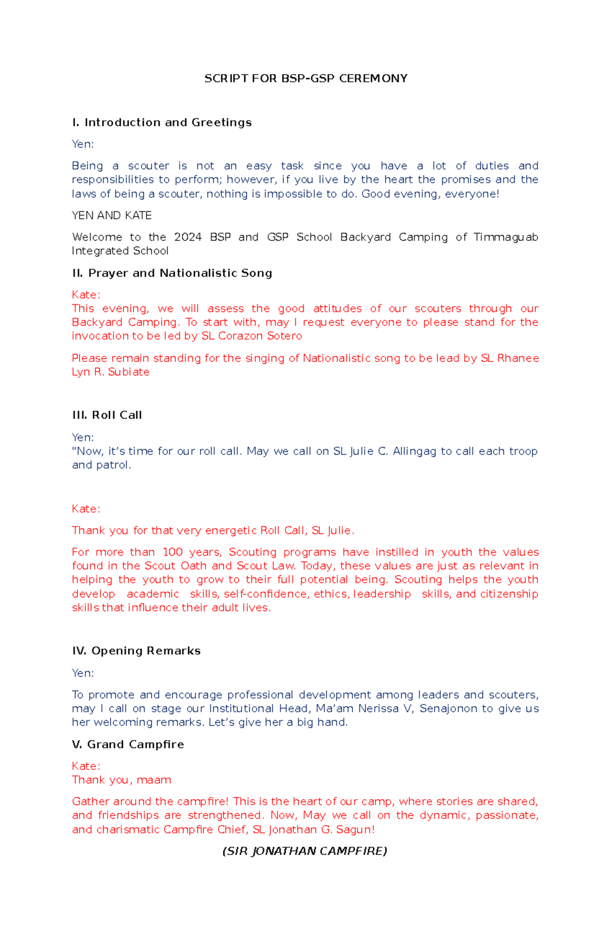 BSP 2024 Backyard Camping Ceremony Script: Introduction to Events - Studocu