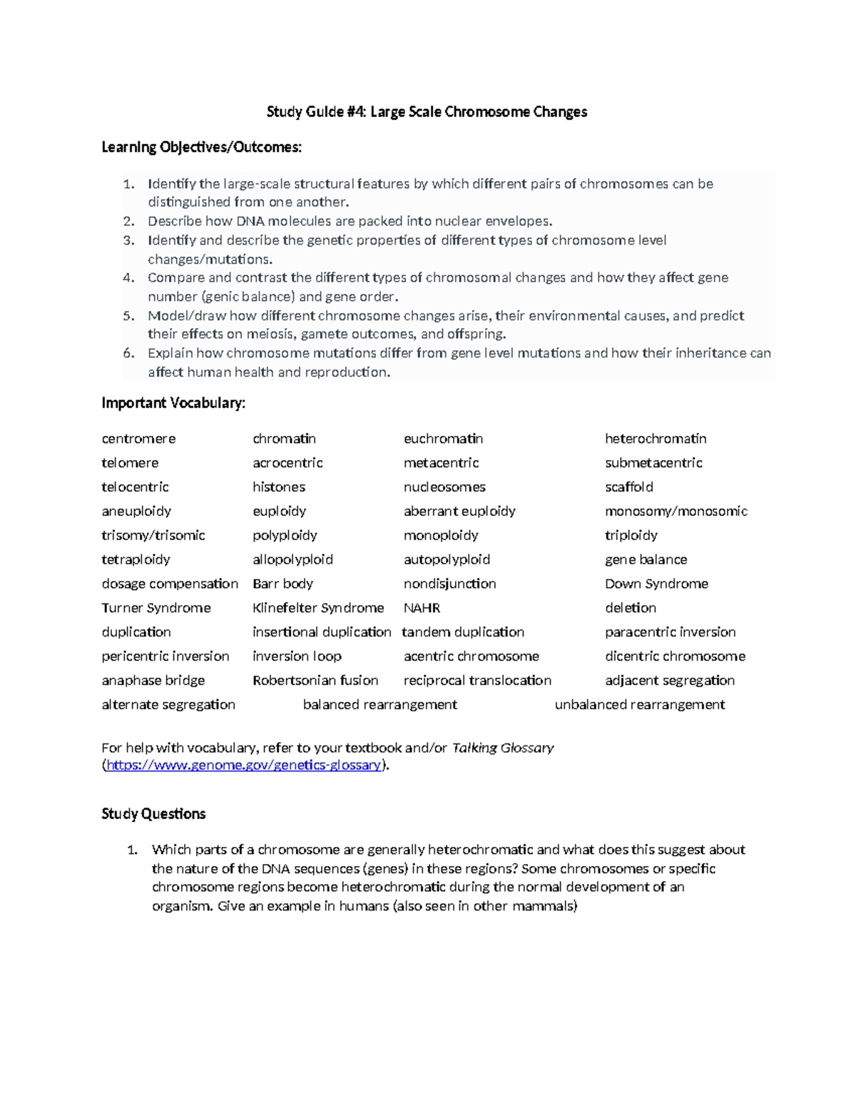 Unit 4 Study Guide: Large Scale Chromosome Changes and Mutations - Studocu