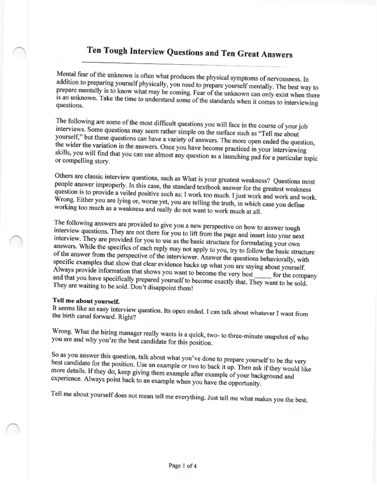 Handout - Ten Tough Interview Questions & Answers for Job Seekers - Studocu