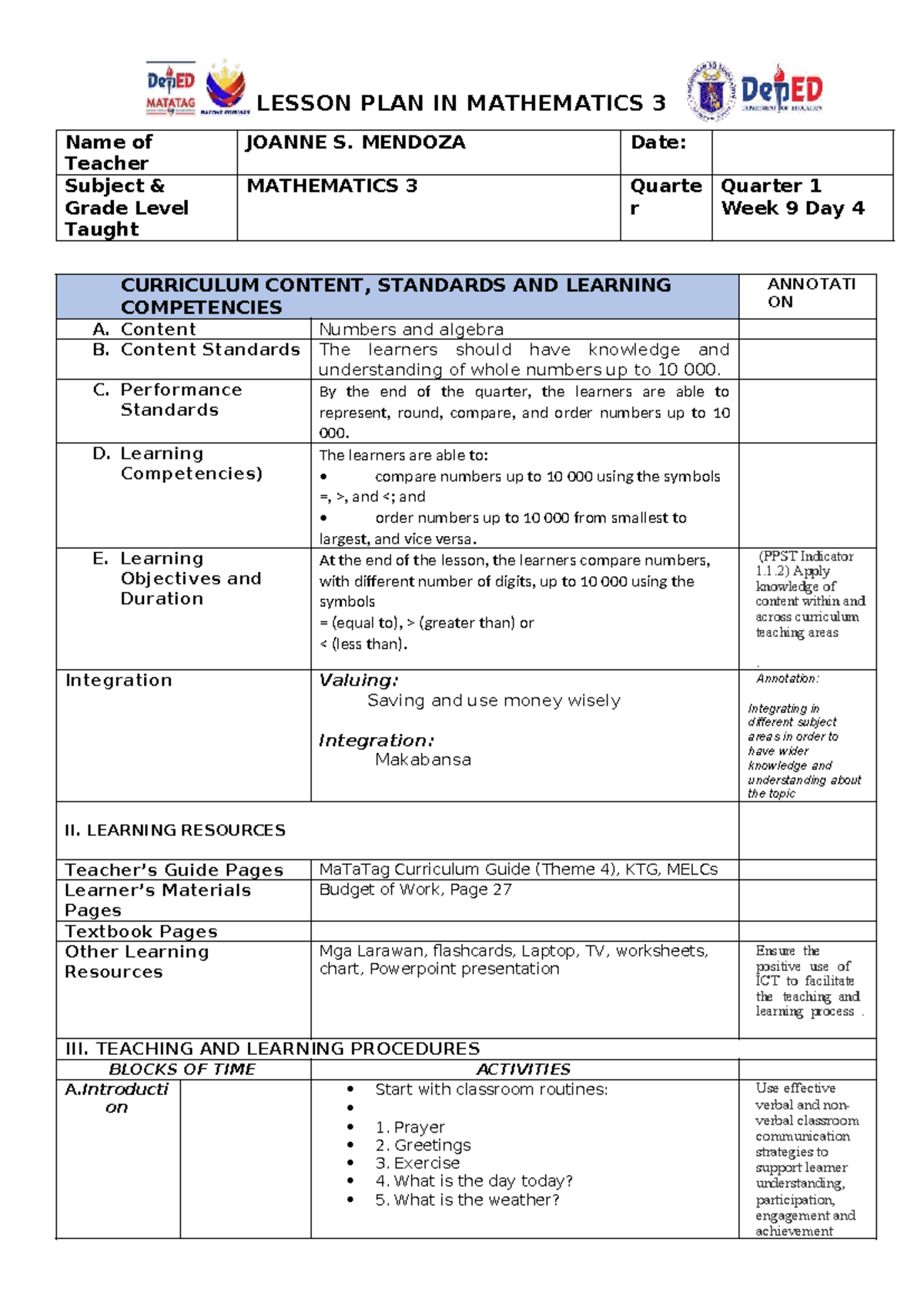 LP-WEEK 9 DAY 4 MATHEMATICS 3 LESSON PLAN - Studocu