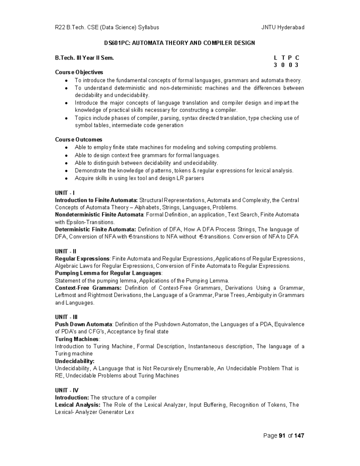 R22 B.Tech. CSE DS601PC: Automata Theory & Compiler Design Syllabus - Studocu