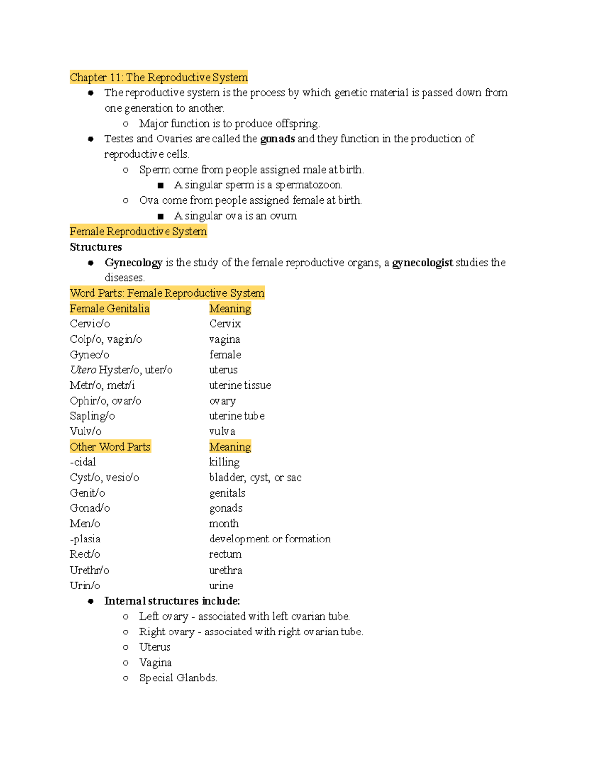Medical Terminology Chapter 11 Notes - Chapter 11: The Reproductive ...