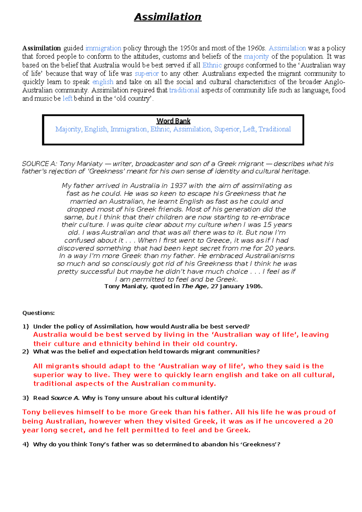 HSC Assimilation Notes: Immigration Policy in Australia (1950s-1960s ...