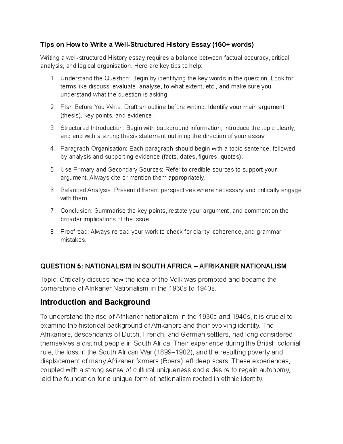Grade 11 History - Essay Writing Tips & Afrikaner Nationalism Analysis ...
