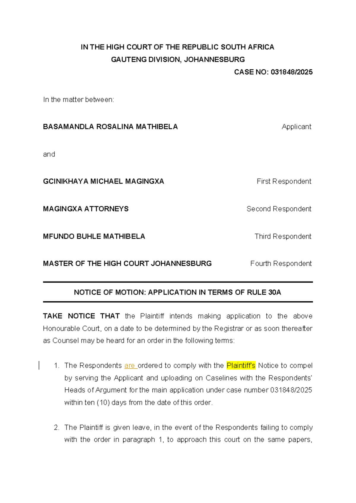 Application to Compel Heads of Argument - Case No: [Insert Case No ...