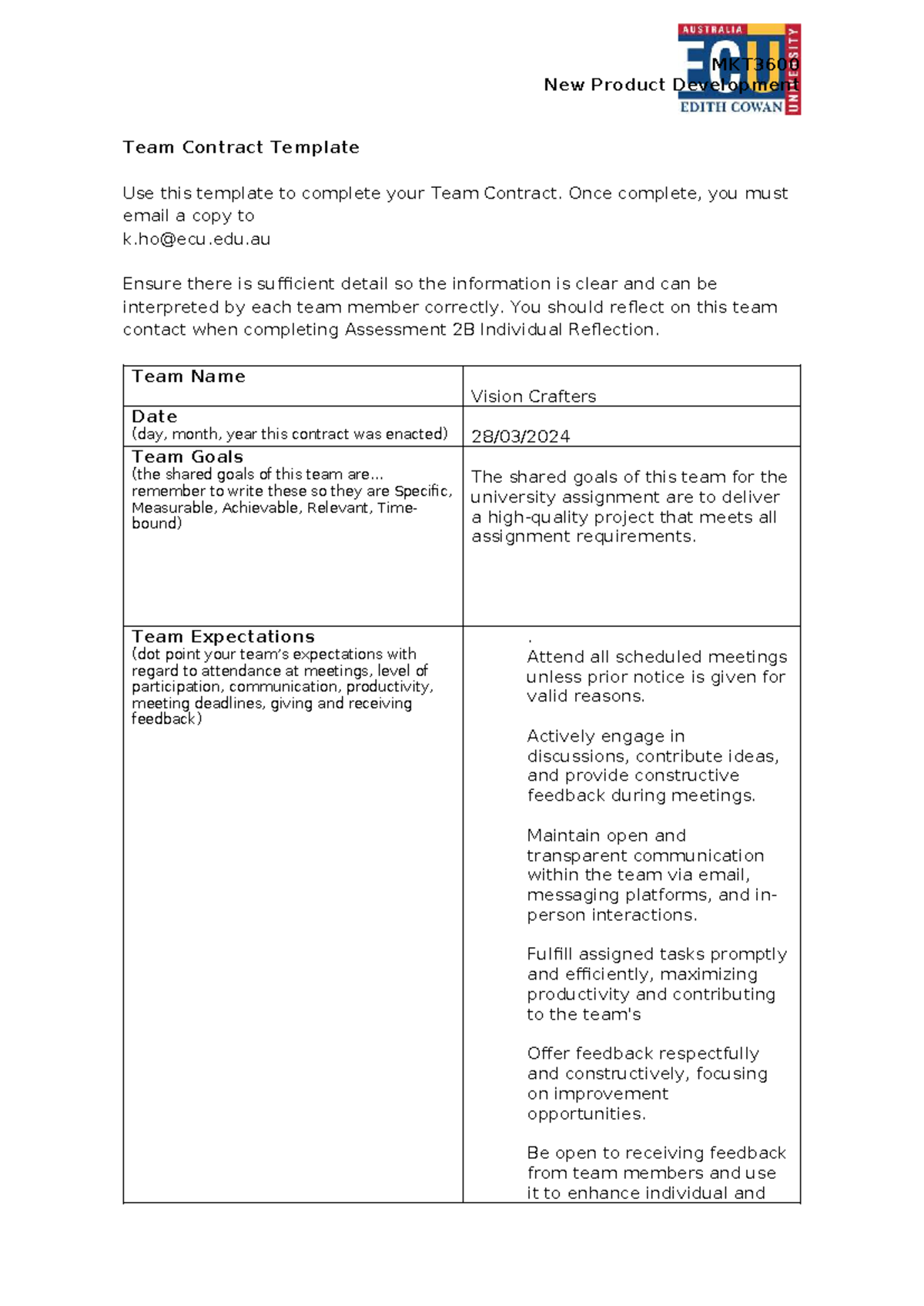 MKT3600 Team Contract Template for New Product Development 2024 - Studocu