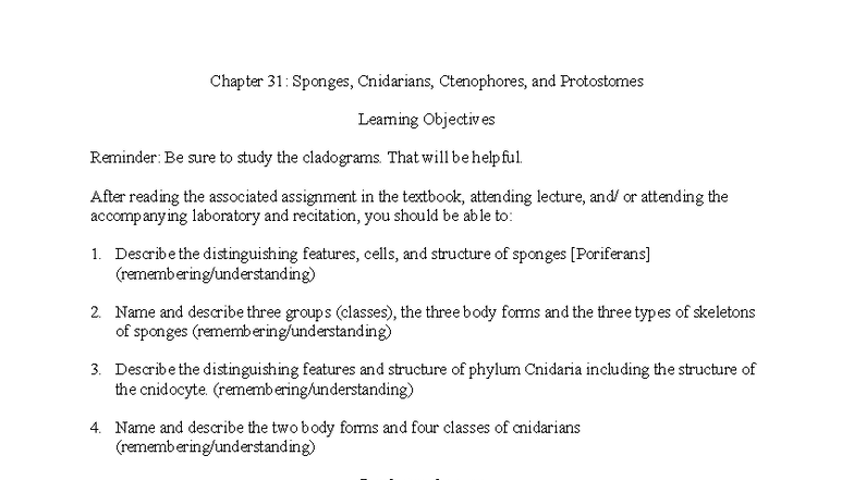 Chap 31 SP23 - Lecture Notes on Sponges, Cnidarians, and Protostomes ...