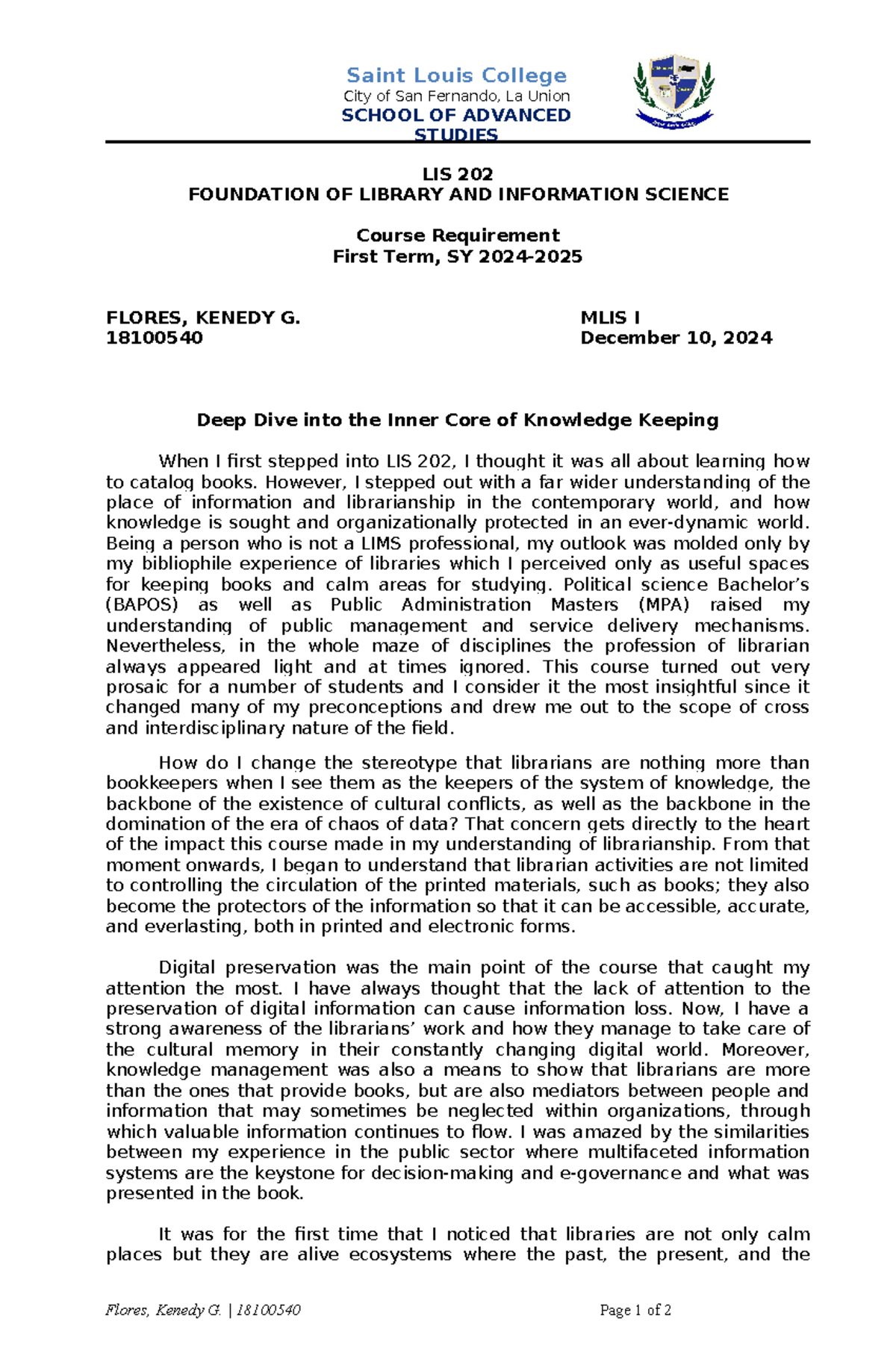 LIS 202 Reflection: Insights on Library Science & Knowledge Management - Studocu