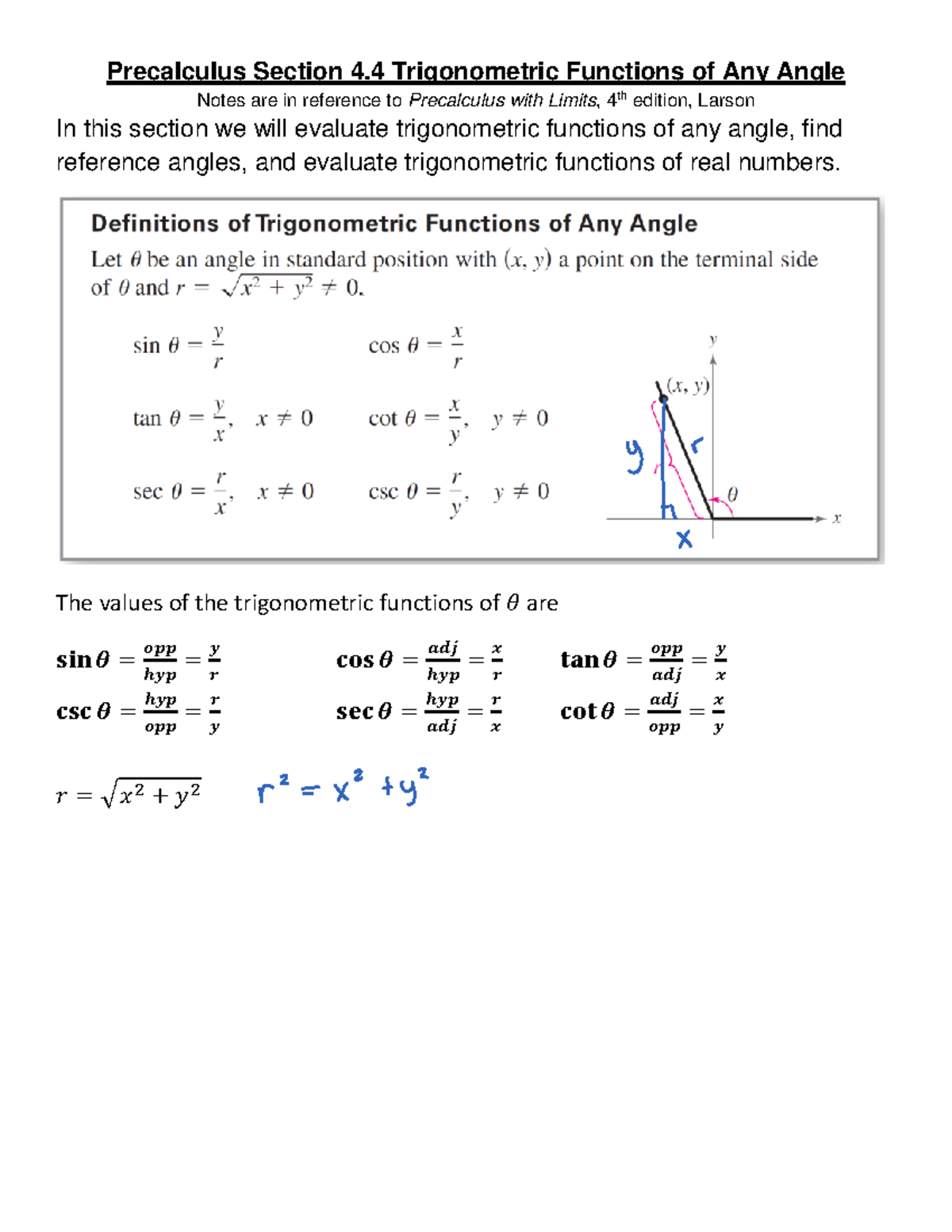 Precalculus Section 4.4 Trigonometric Functions of Any Angle - The ...