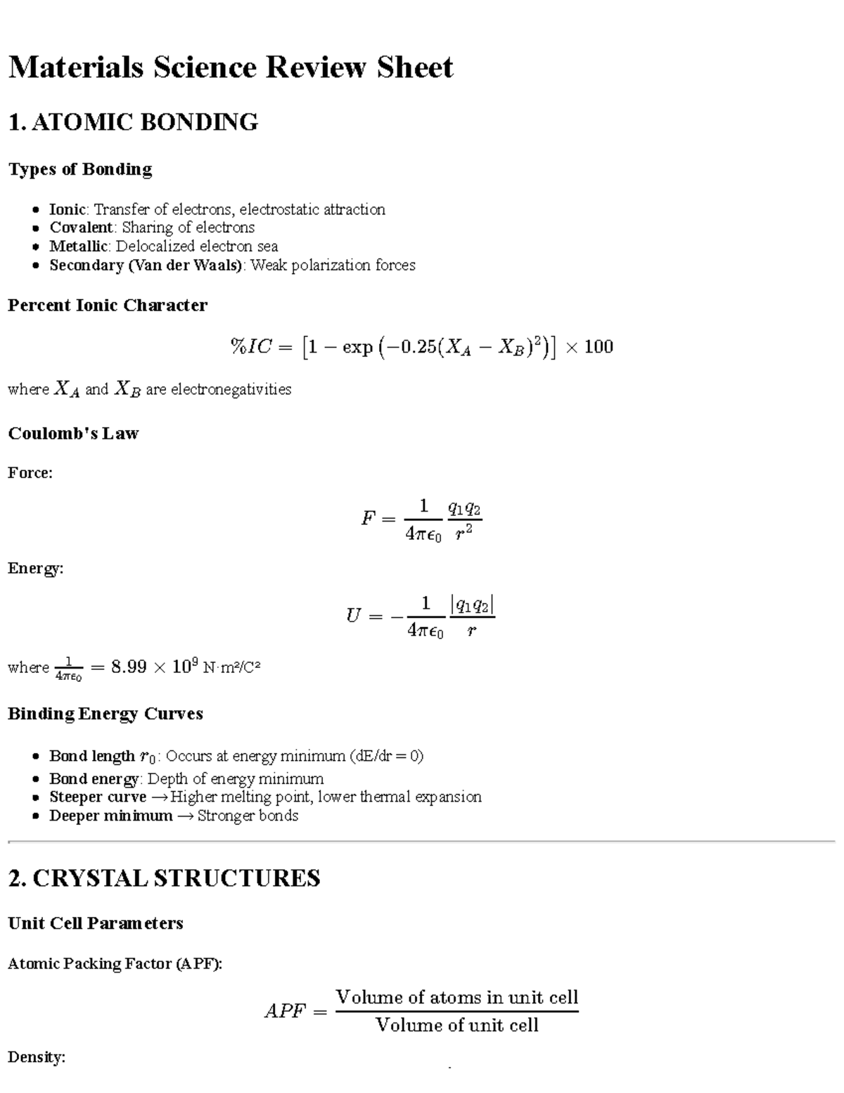Materials Science Review Sheet: Atomic Bonding & Crystal Structures - Studocu