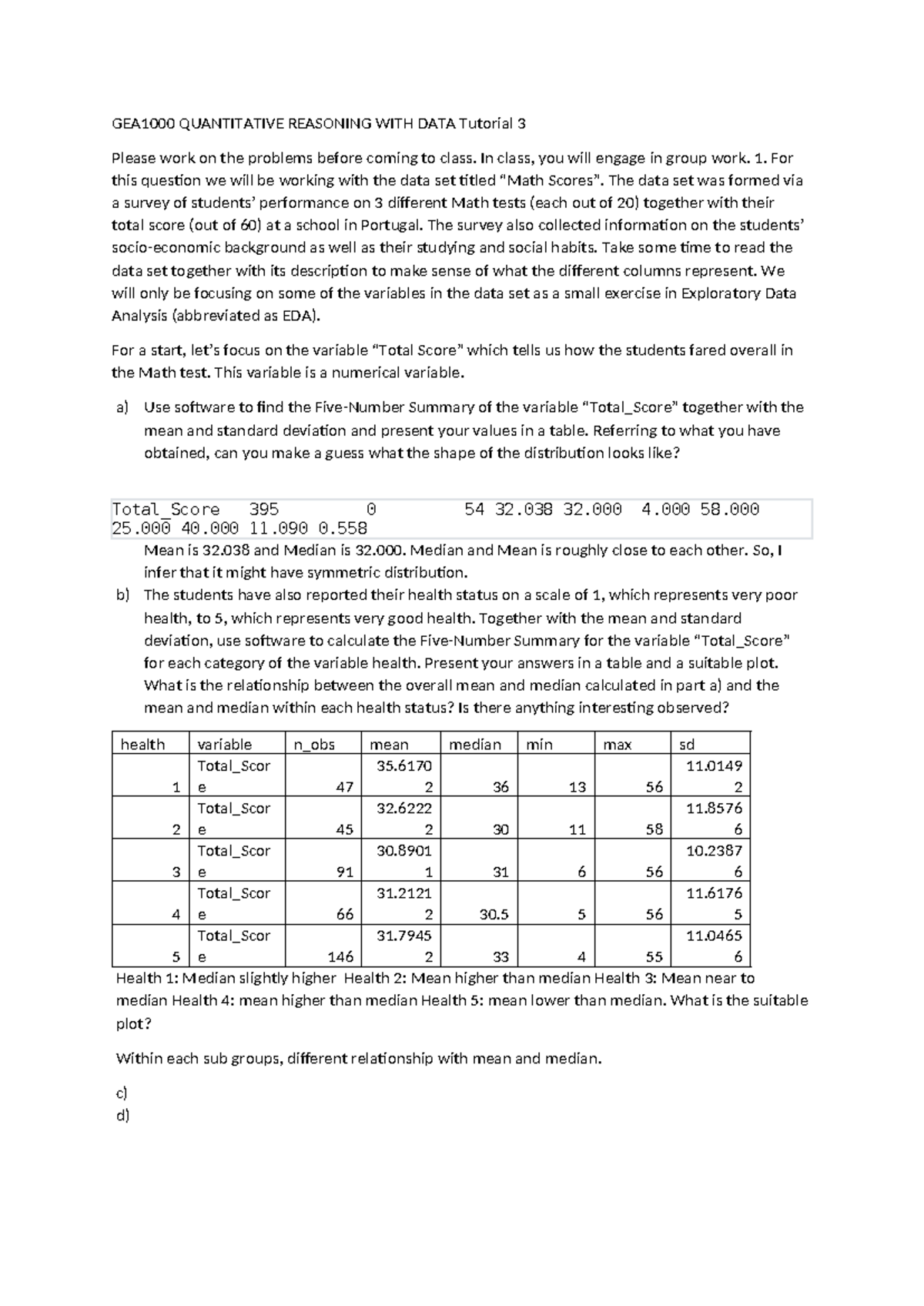 QUANTITATIVE REASONING WITH DATA Tutorial 3: EDA & Regression Analysis - Studocu