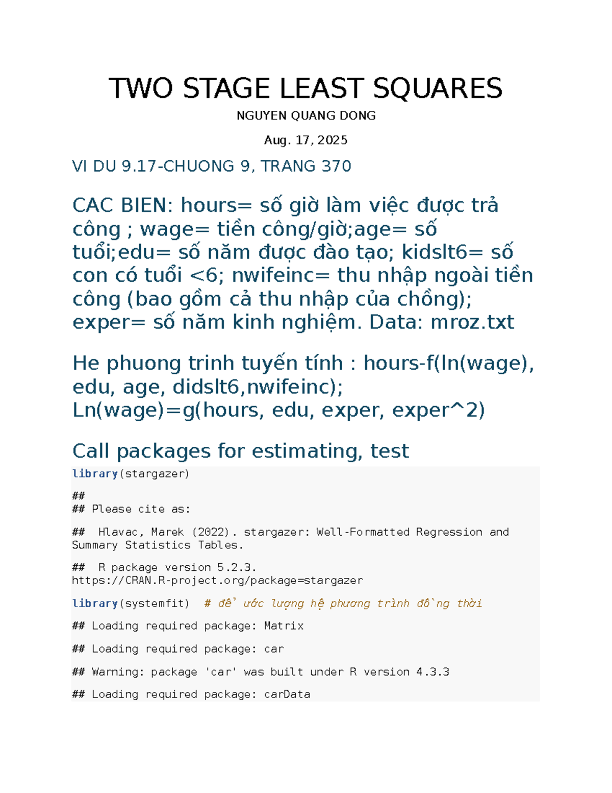 Two-Stage Least Squares Analysis (Course Code: VI DU 9) - Studocu