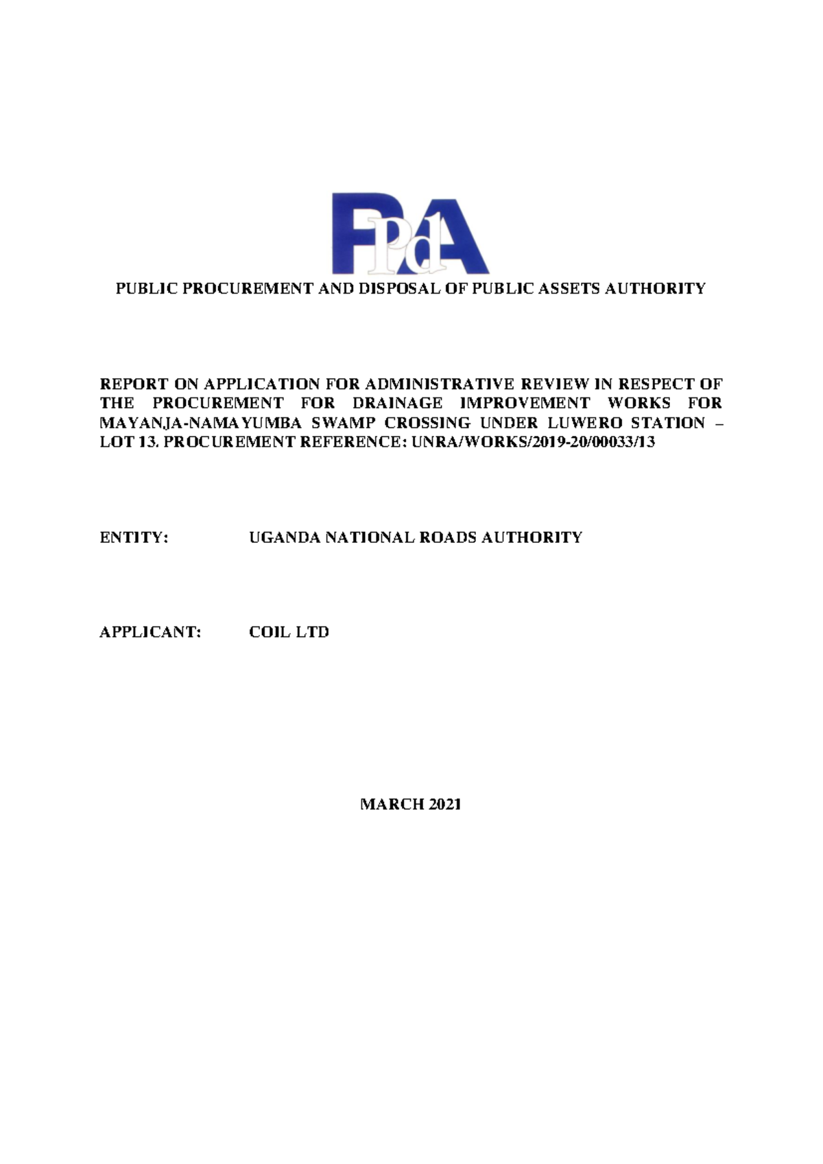 UNRA vs. Coil Ltd: Admin Review on Drainage Works Procurement - Studocu