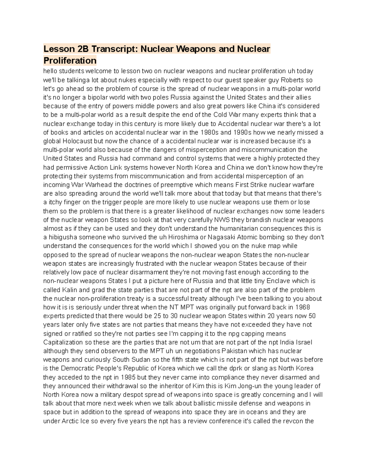 Lesson 2B Transcript: Nuclear Weapons & Proliferation Insights (Course ...