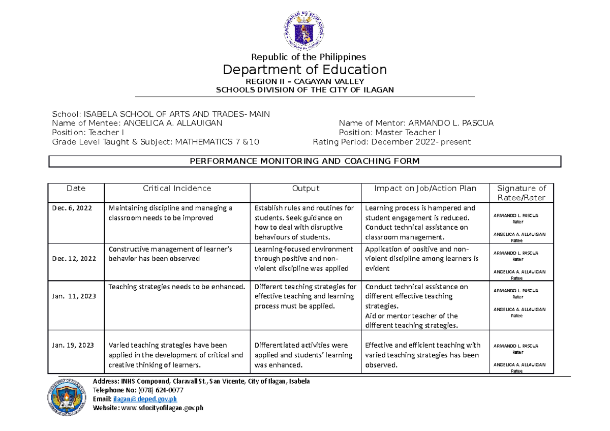 PMCF- Performance Monitoring & Coaching Form for New Teachers - Studocu