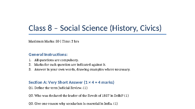 Class 8 SST Question Paper: History & Civics (Max Marks: 50) - Studocu