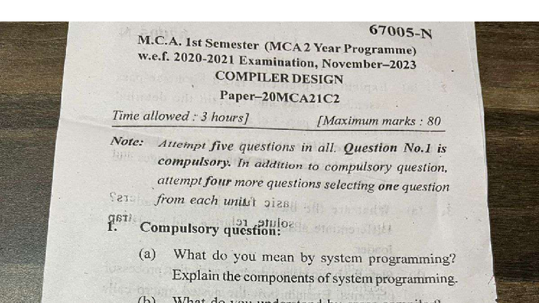 MCA 1st Sem 2023 Exam: Compiler Design Previous Year Paper - Studocu
