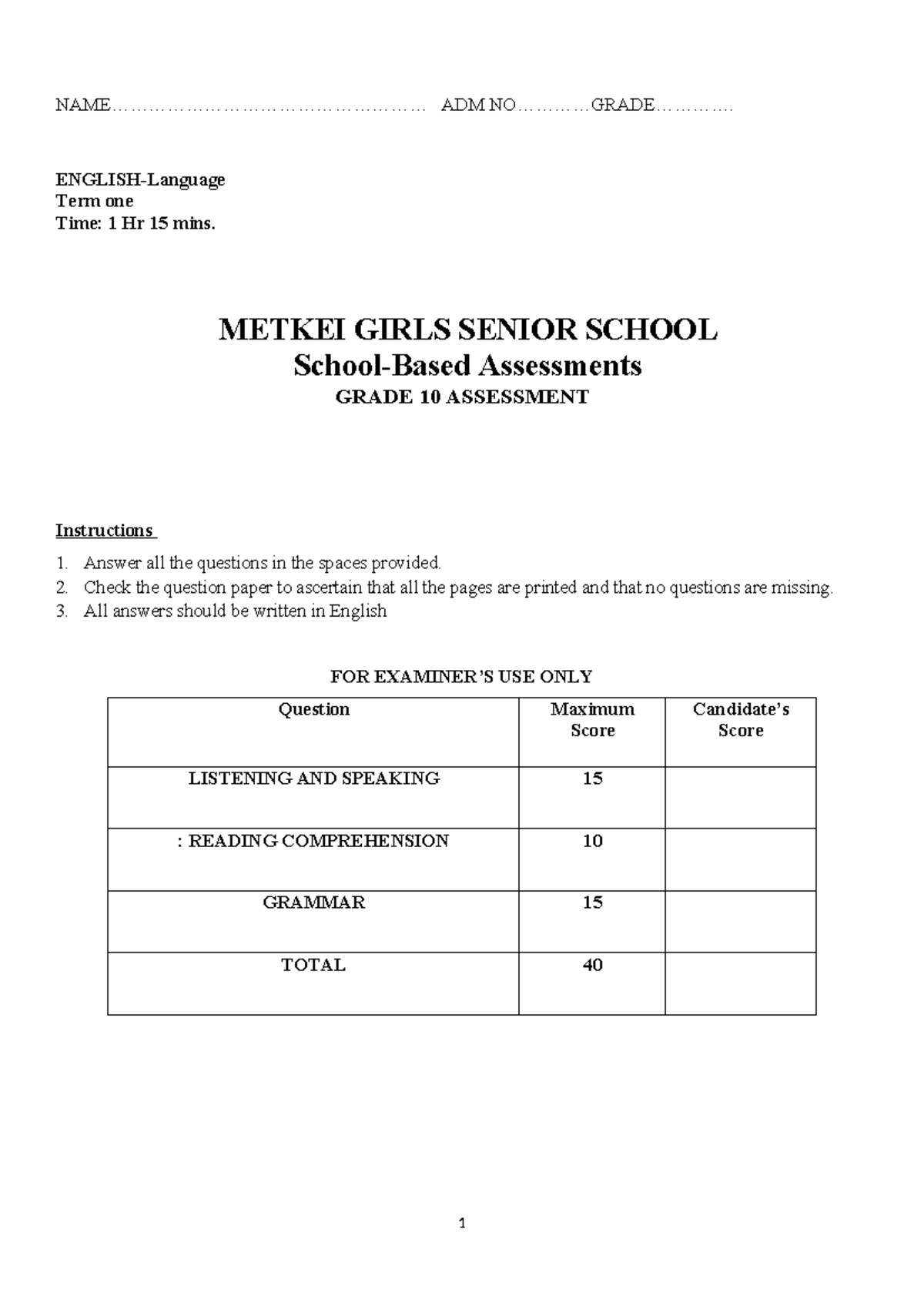 G10 ENG Assessment Questions - Listening, Reading, Grammar - Studocu