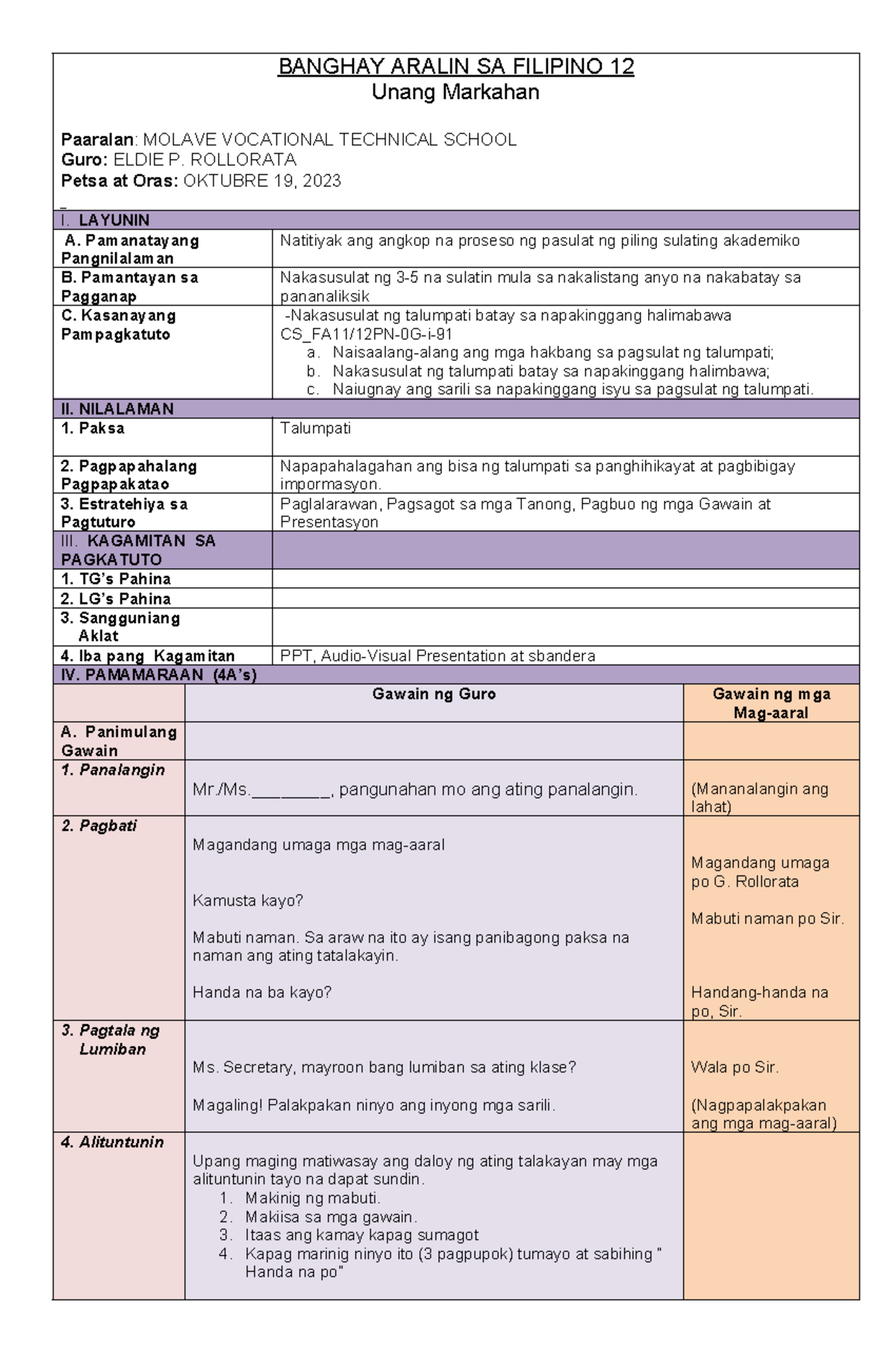 Banghay Aralin sa Filipino 12: Pagsulat ng Talumpati at mga Estratehiya ...