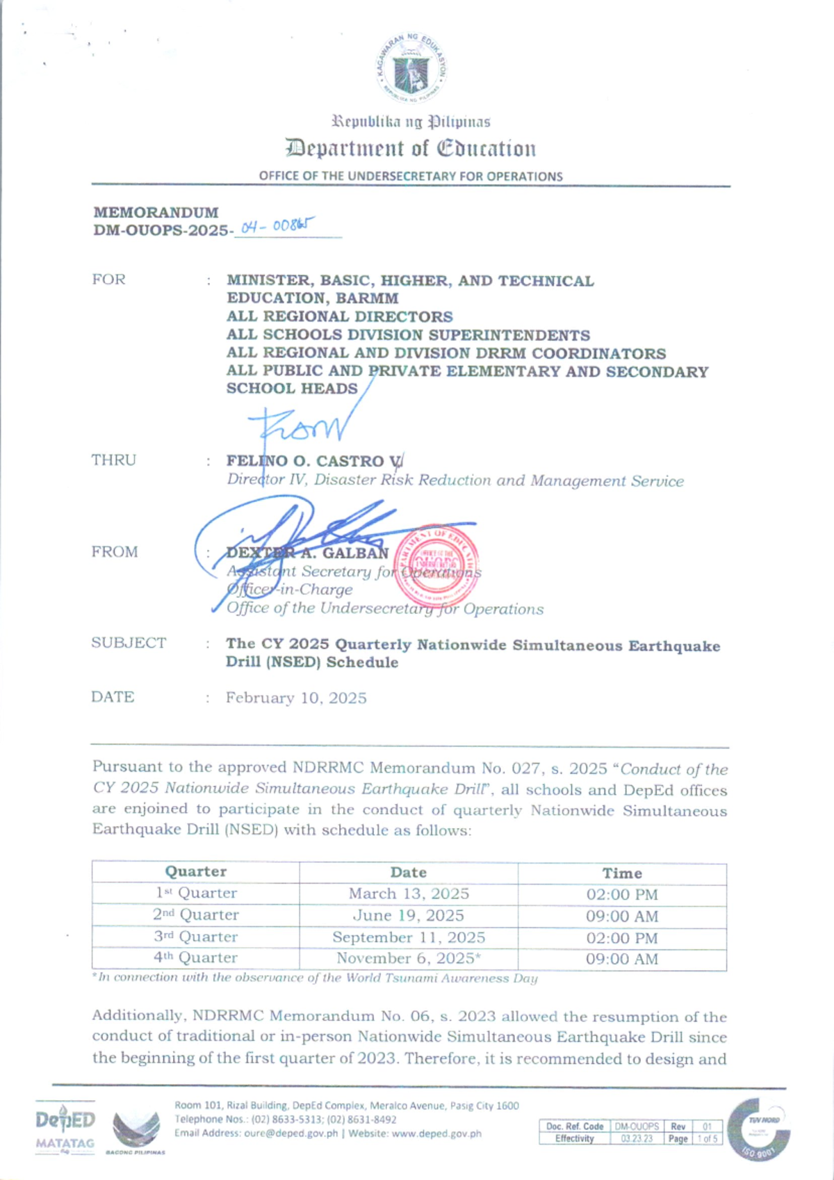 Quarterly Nationwide Simultaneous Earthquake Drill (NSED) Memo - CY ...