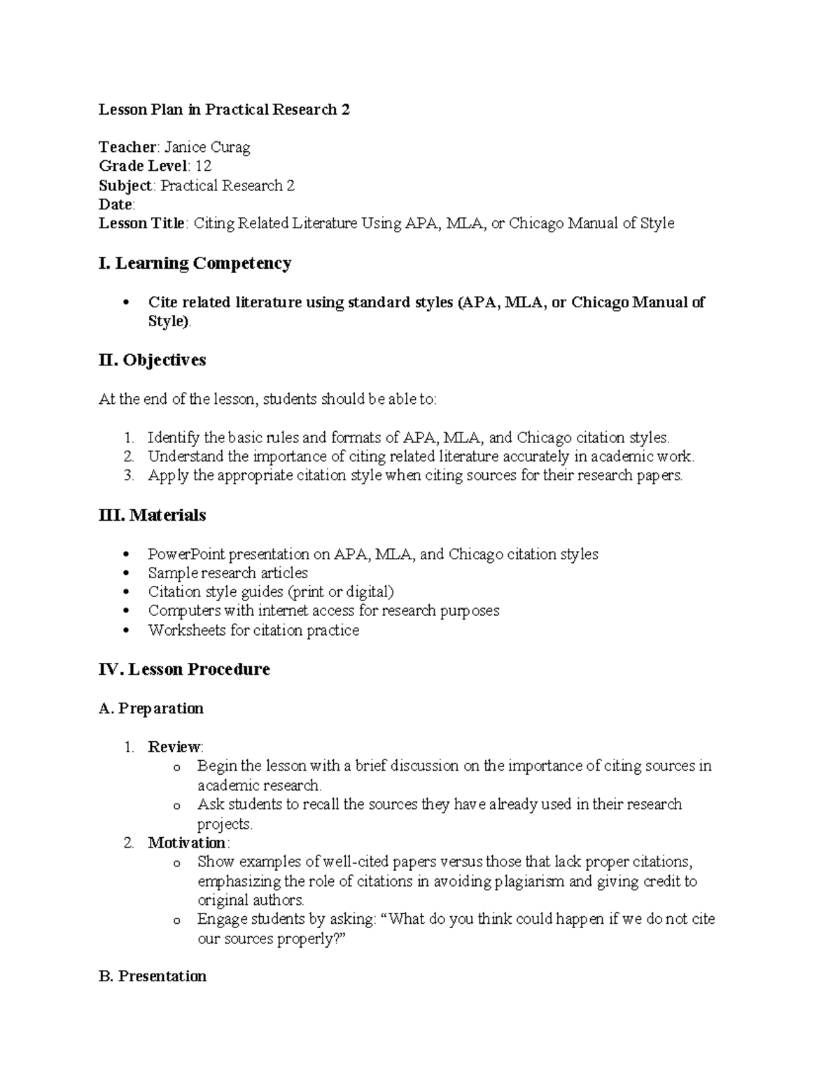 Practical Research 2 Lesson Plan: Citing Literature Using APA, MLA ...