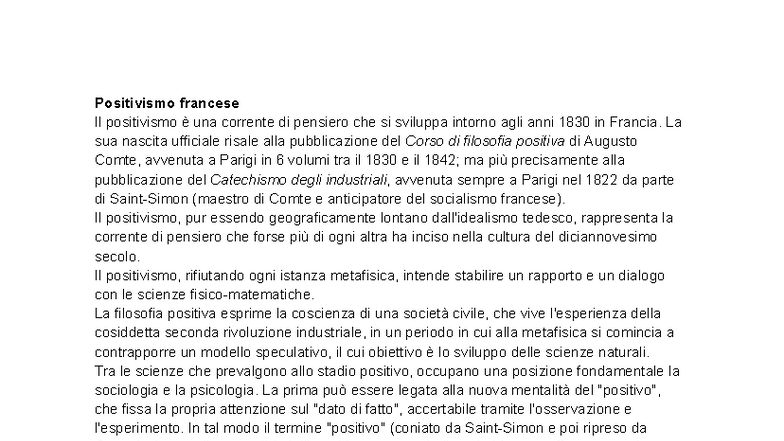 Positivismo e Comte: Riassunti e Analisi Filosofica - Studocu