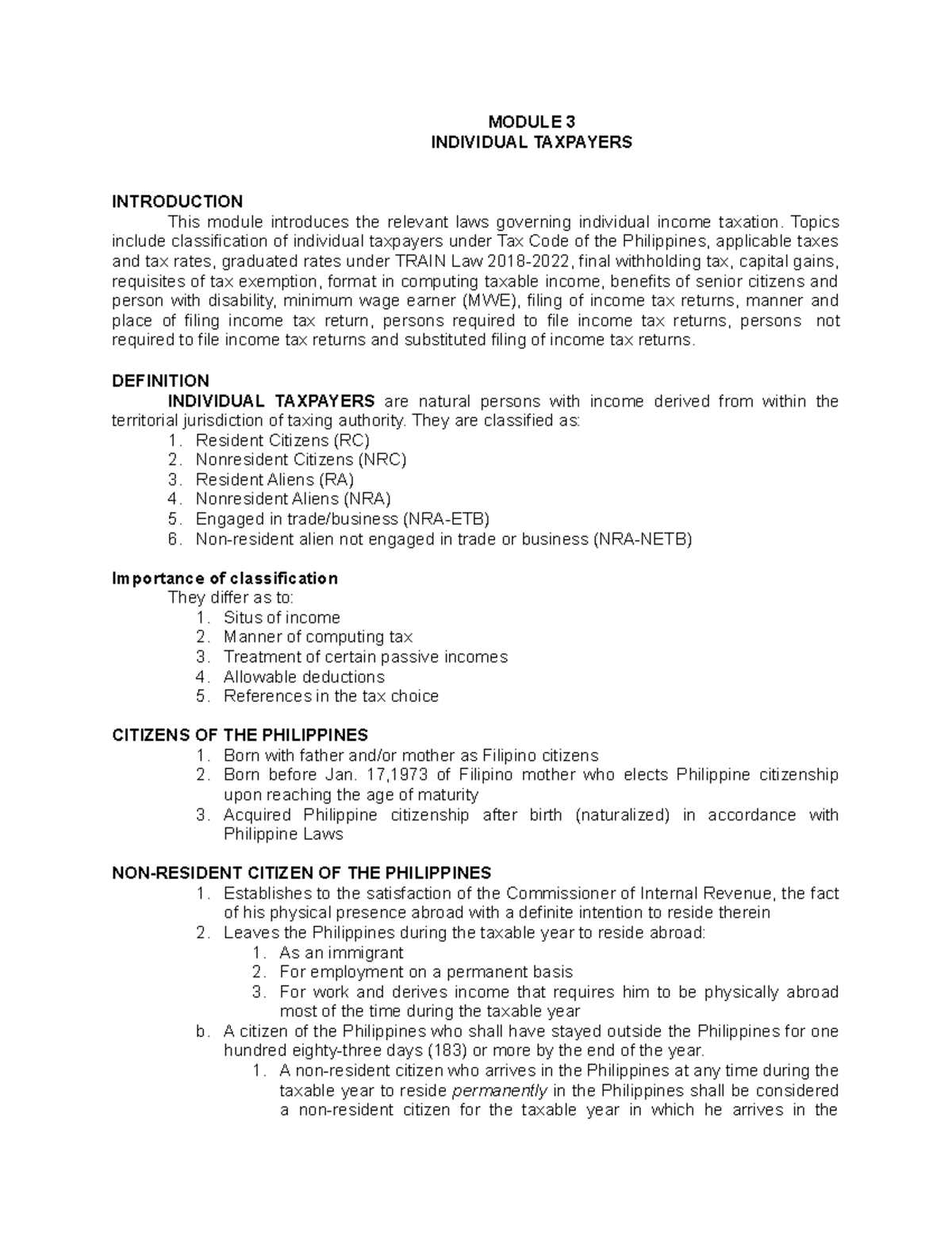 MOD 3 - TAX 301 - Taxation for Individual Taxpayers in the Philippines ...