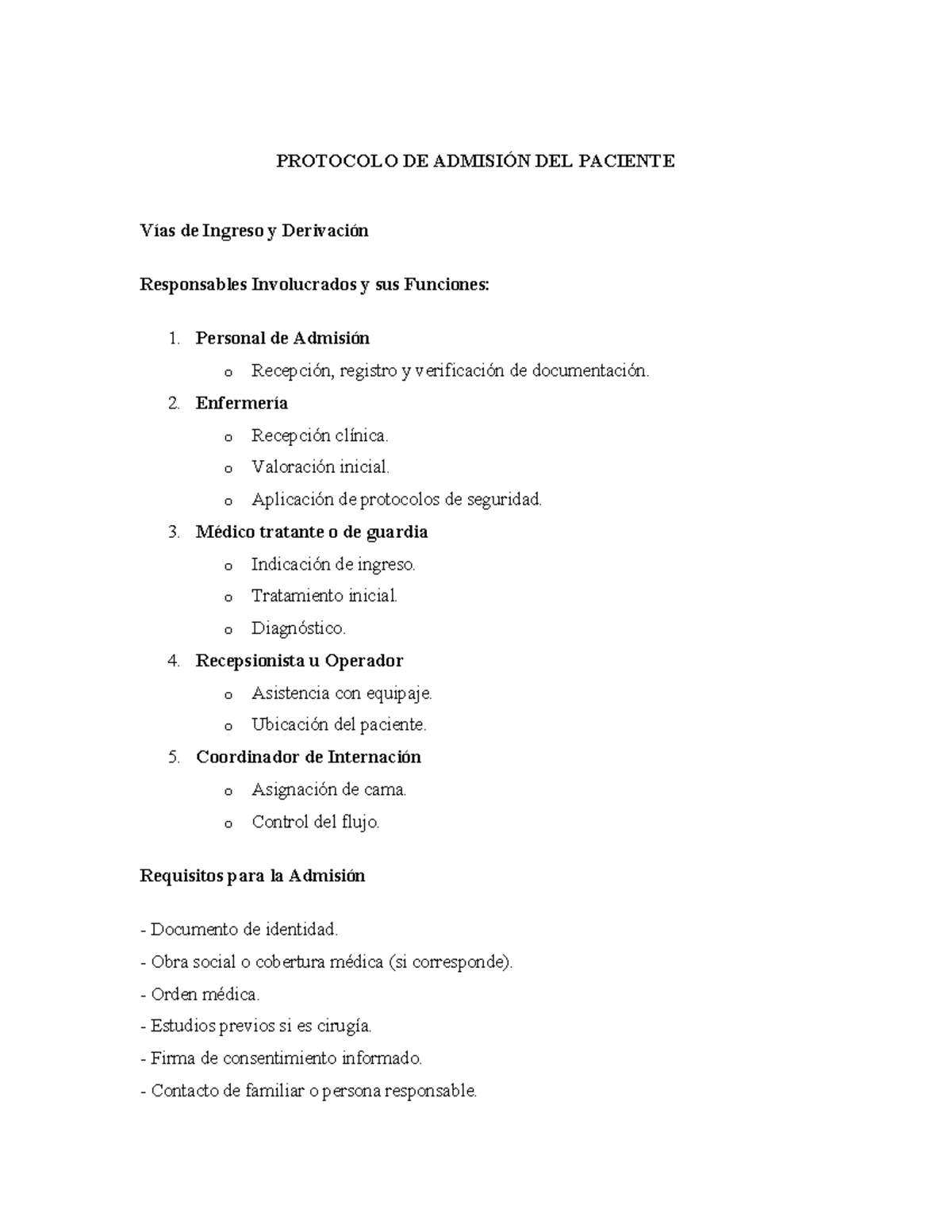 PROTOCOLO DE ADMISIÓN DEL PACIENTE: Vías de Ingreso y Funciones - Studocu