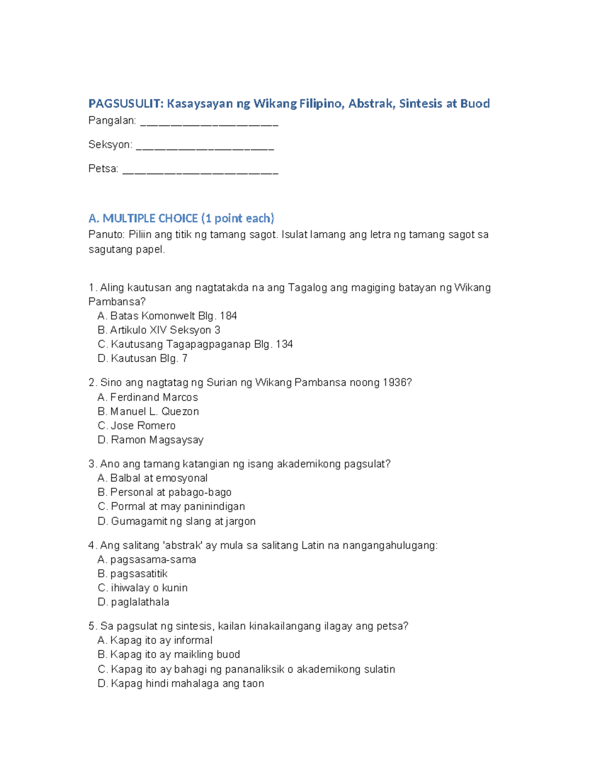 PAGSUSULIT: Filipino Quiz sa Kasaysayan ng Wikang Filipino (30 Items ...