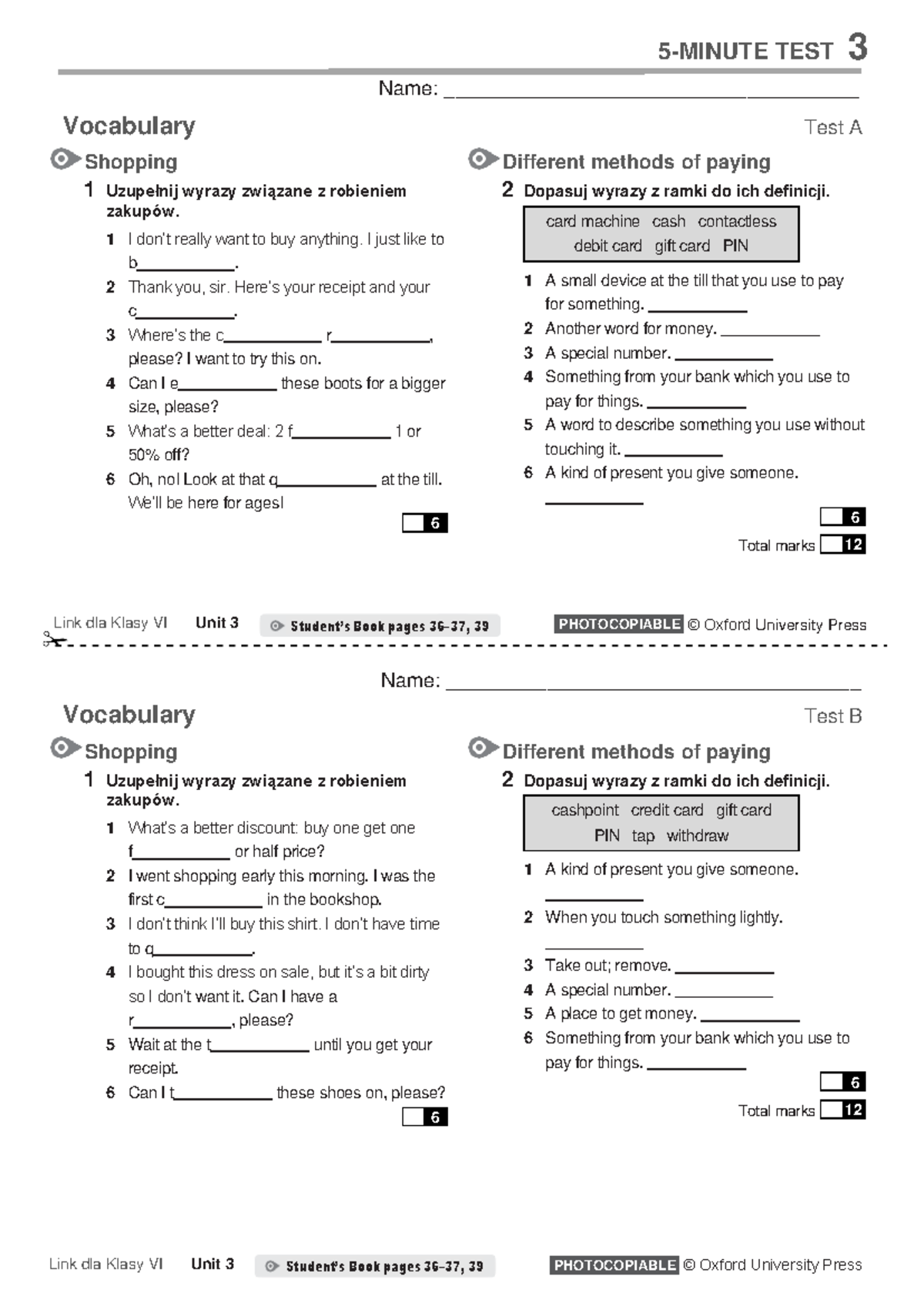 U3 5-Minute Vocabulary Test - Angielski Class VI - Studocu