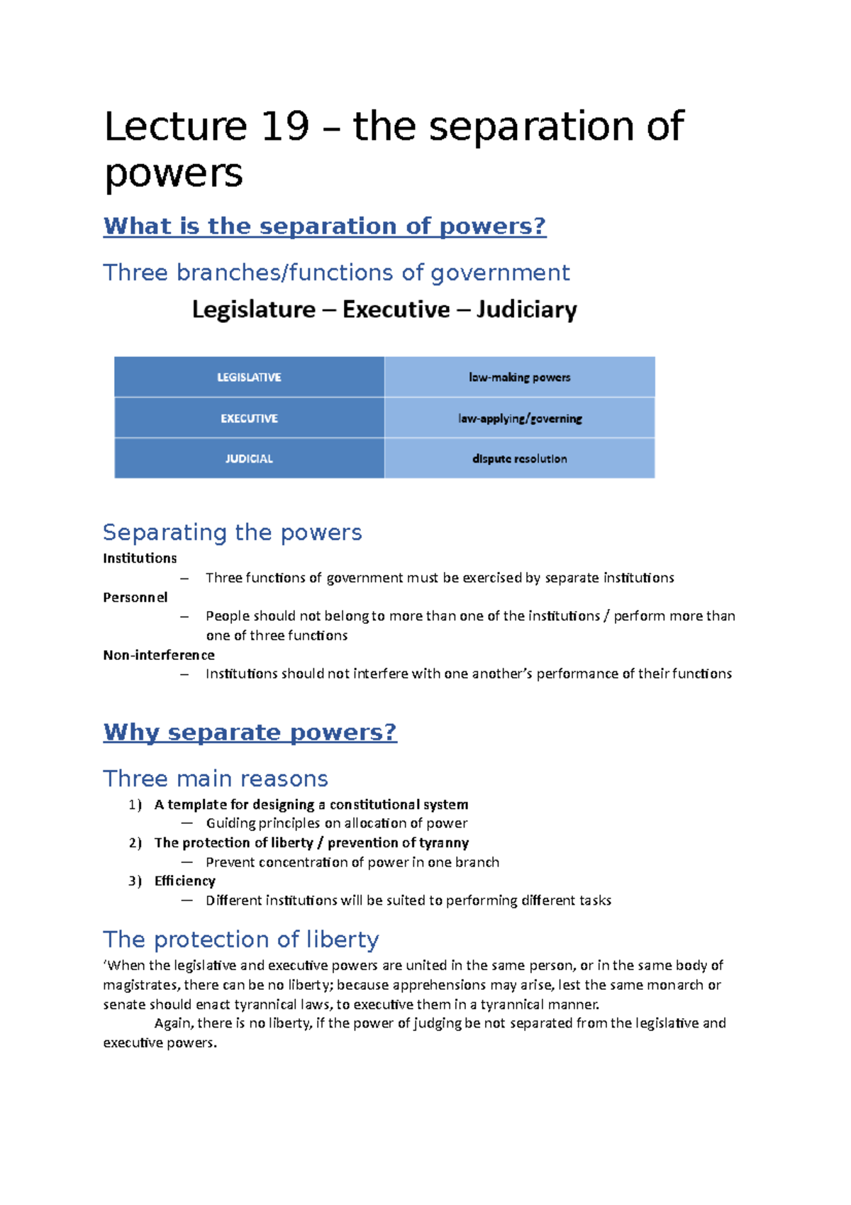 Lecture 19: Understanding the Separation of Powers in Governance - Studocu