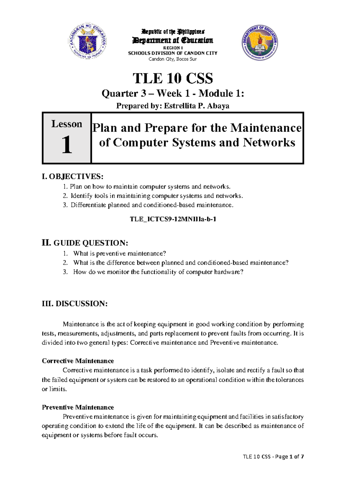 TLE 10 CSS Q3 W1 M1: Lesson on Computer Systems Maintenance - Studocu