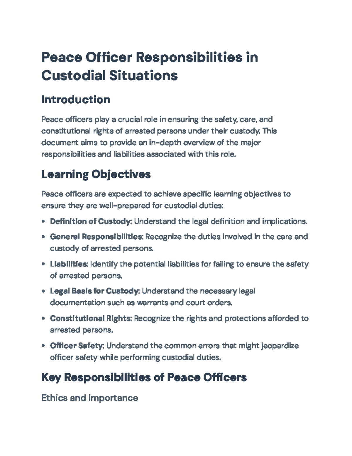 Responsibilities and Liabilities of Peace Officers in Custody ...
