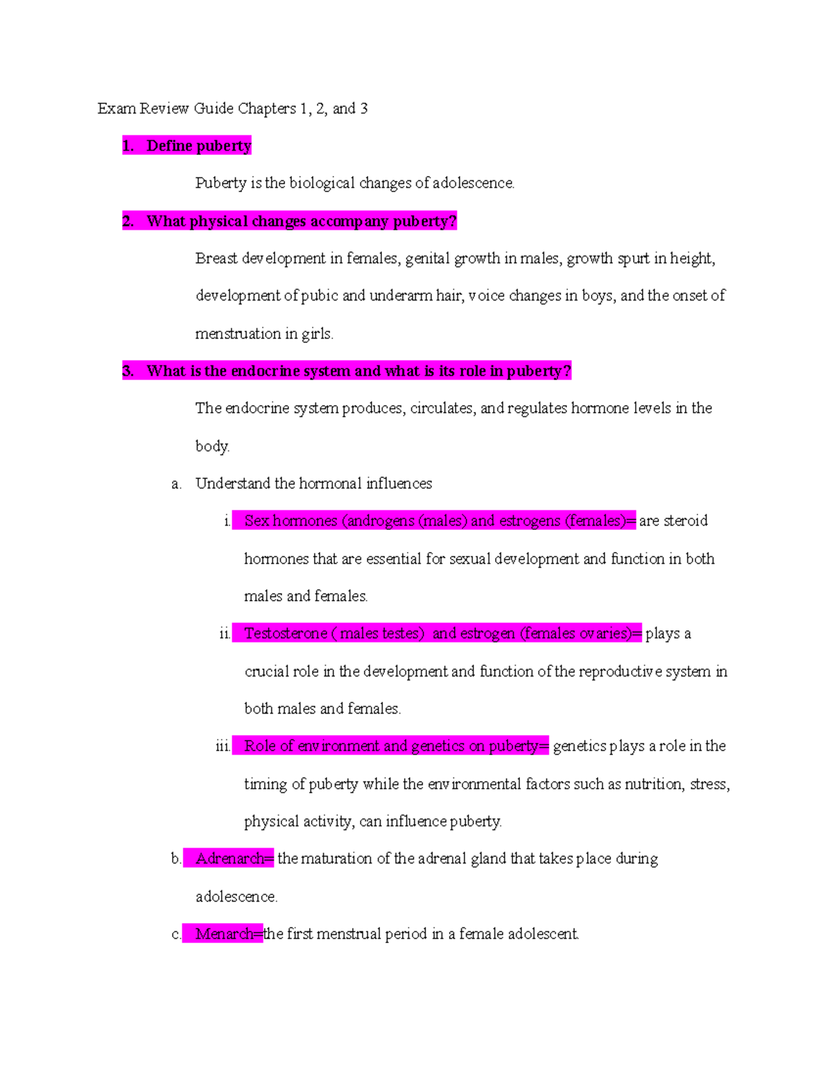 Exam Review Guide: Puberty and Adolescent Development - Exam Review ...