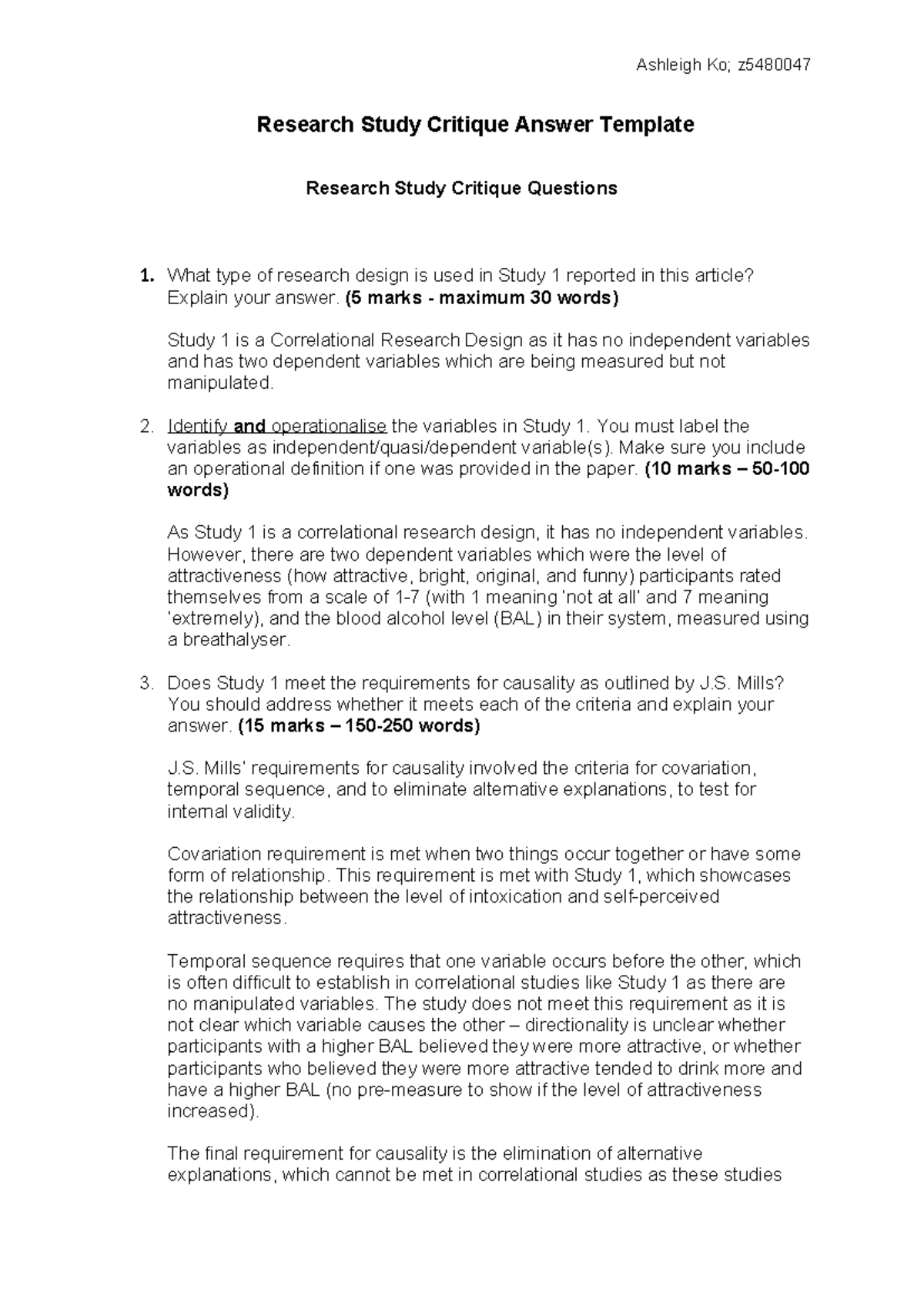 Research Study Critique Answer Template - Research Study Critique ...