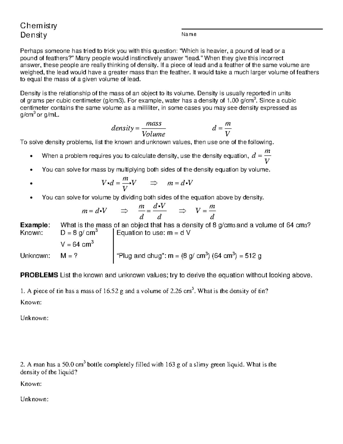 Chemistry 101: Understanding Density Concepts and Calculations - Studocu