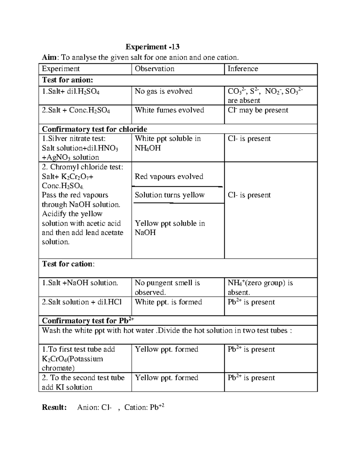 Practical Experiment 13: Anion and Cation Analysis Techniques - Studocu