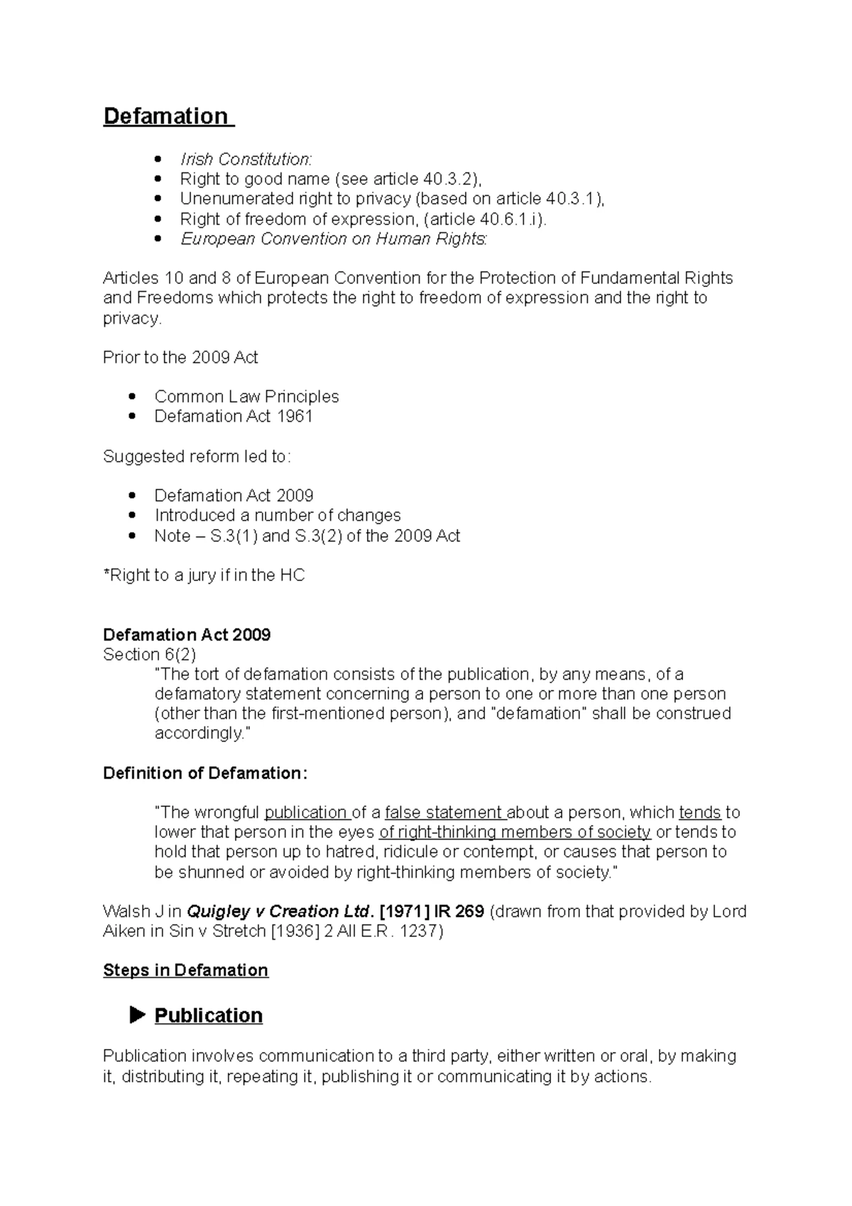 Defamation Notes - Defamation Irish Constitution: Right to good name ...