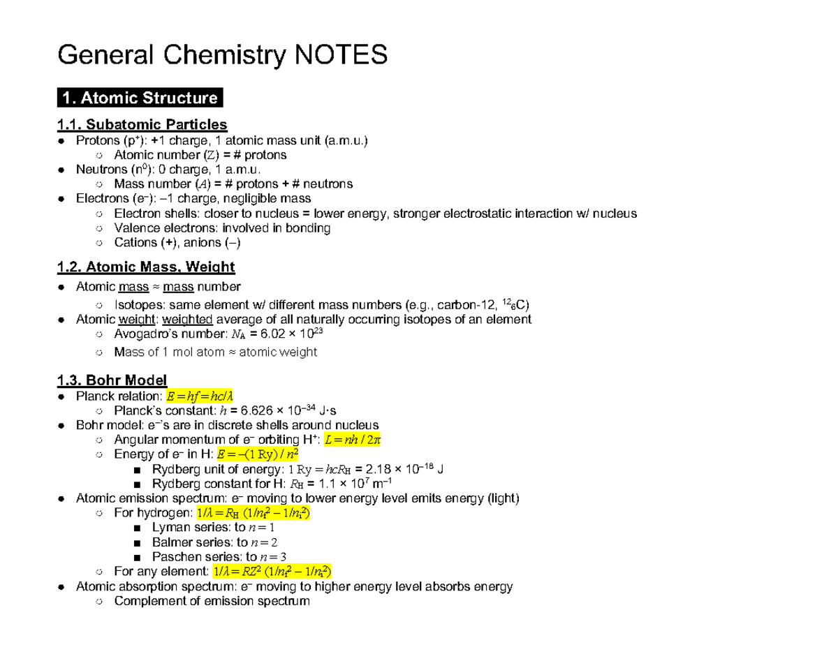 1 Gen Chem - detailed lecture notes - General Chemistry NOTES 1. Atomic ...