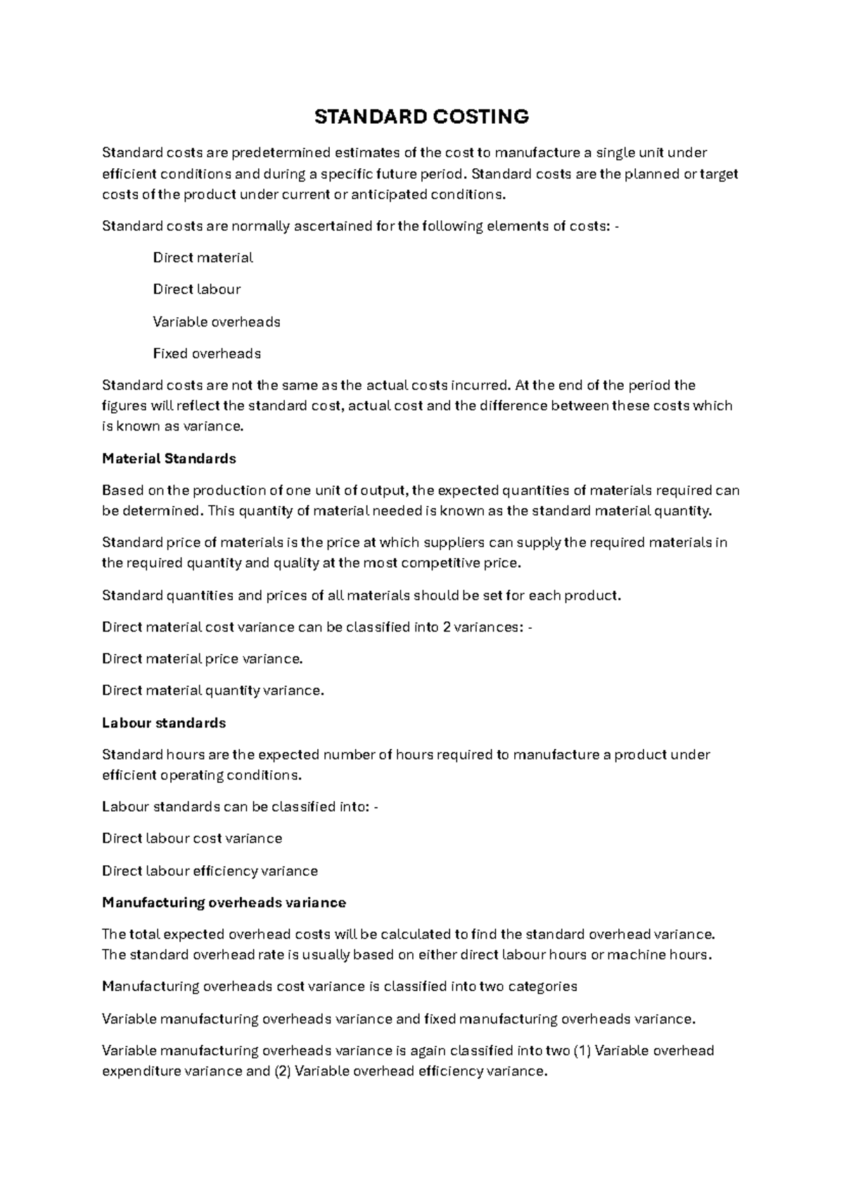 Standard Costing - Class Questions and Variances Analysis - Studocu